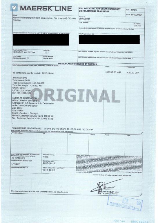 Bill Of Lading Original